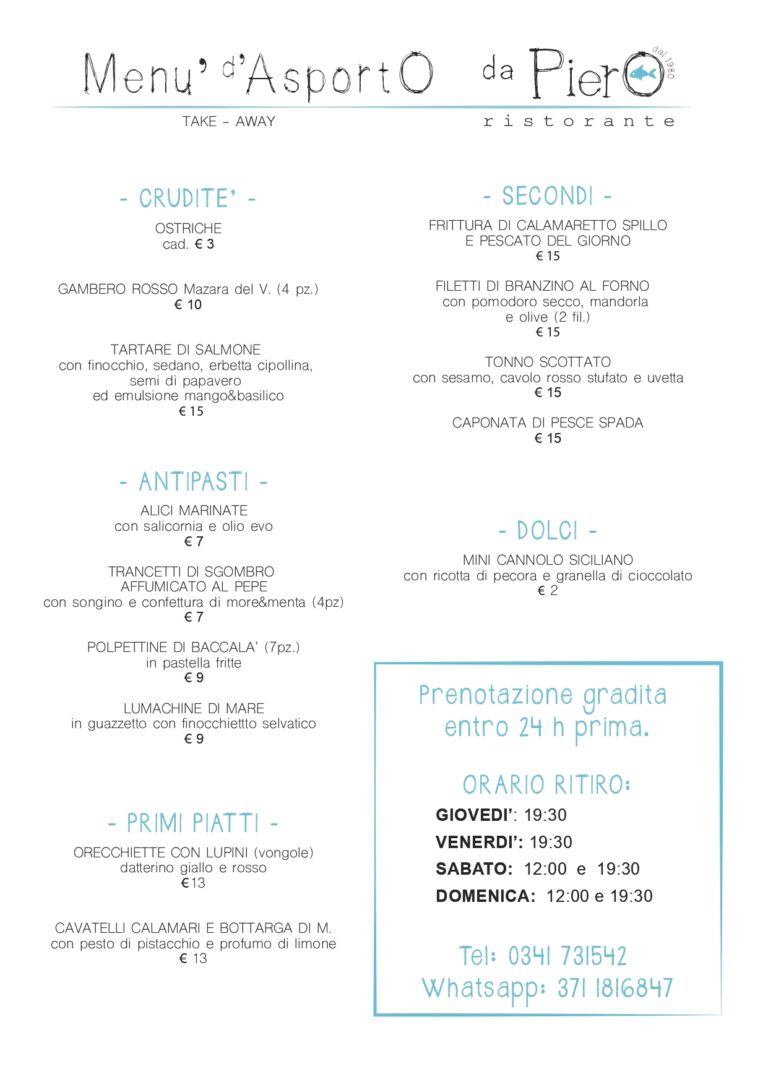 Il menù d'asporto - Ristorante Da Piero - Abbadia Lariana (LC)